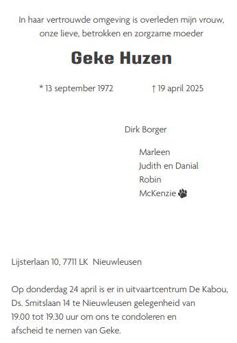 Overlijden Geke Huzen 1972 | 2025 | Union SV